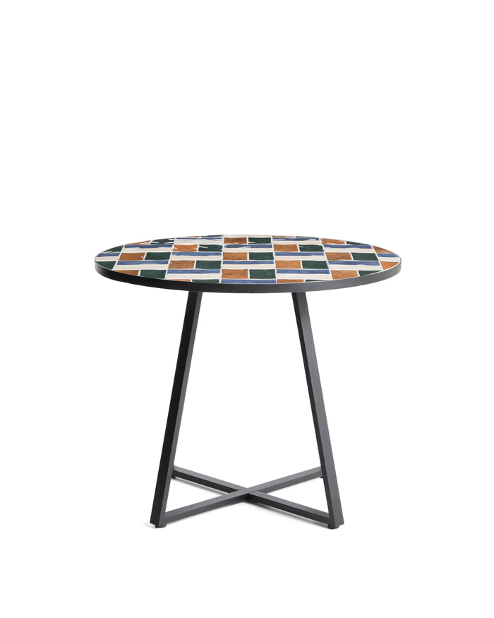 Tella round table in graphite galvanised steel with multicoloured tile
