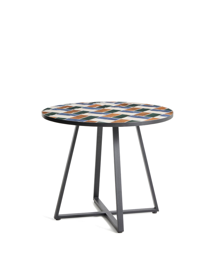 Tella round table in graphite galvanised steel with multicoloured tile